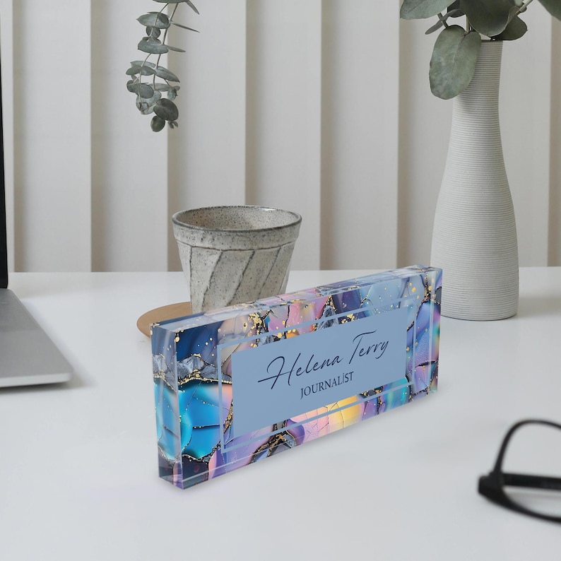 Custom Blue Acrylic Desk Name Plate: Personalized Office Decor - Etsy