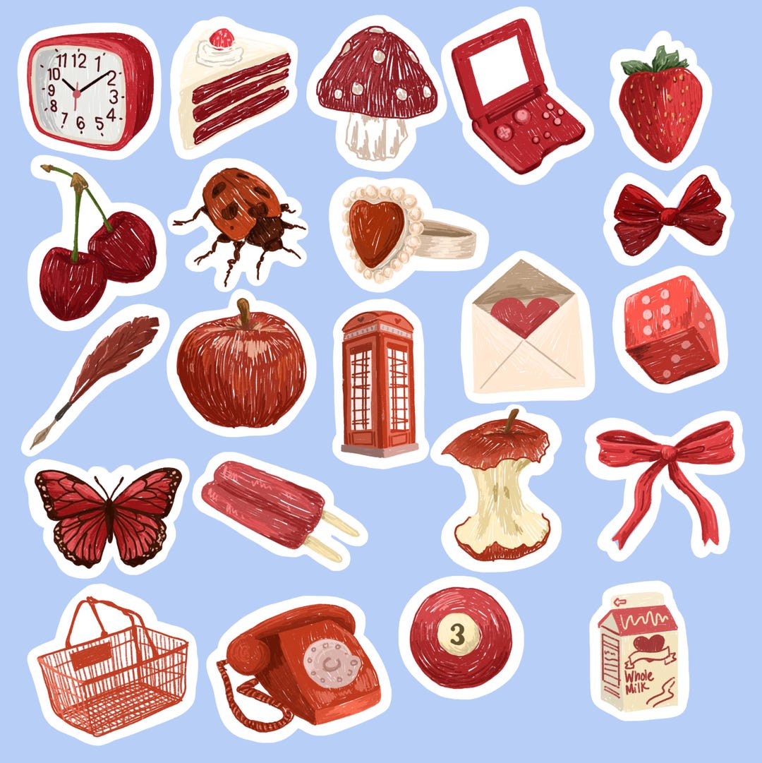 Red Vintage Assorted Objects Sticker Pack | Cute Red Stickers - Etsy