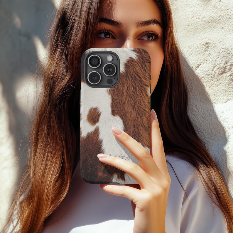 Personalized Cowhide Phone Case Brown White Animal Print iPhone 16 15 ...