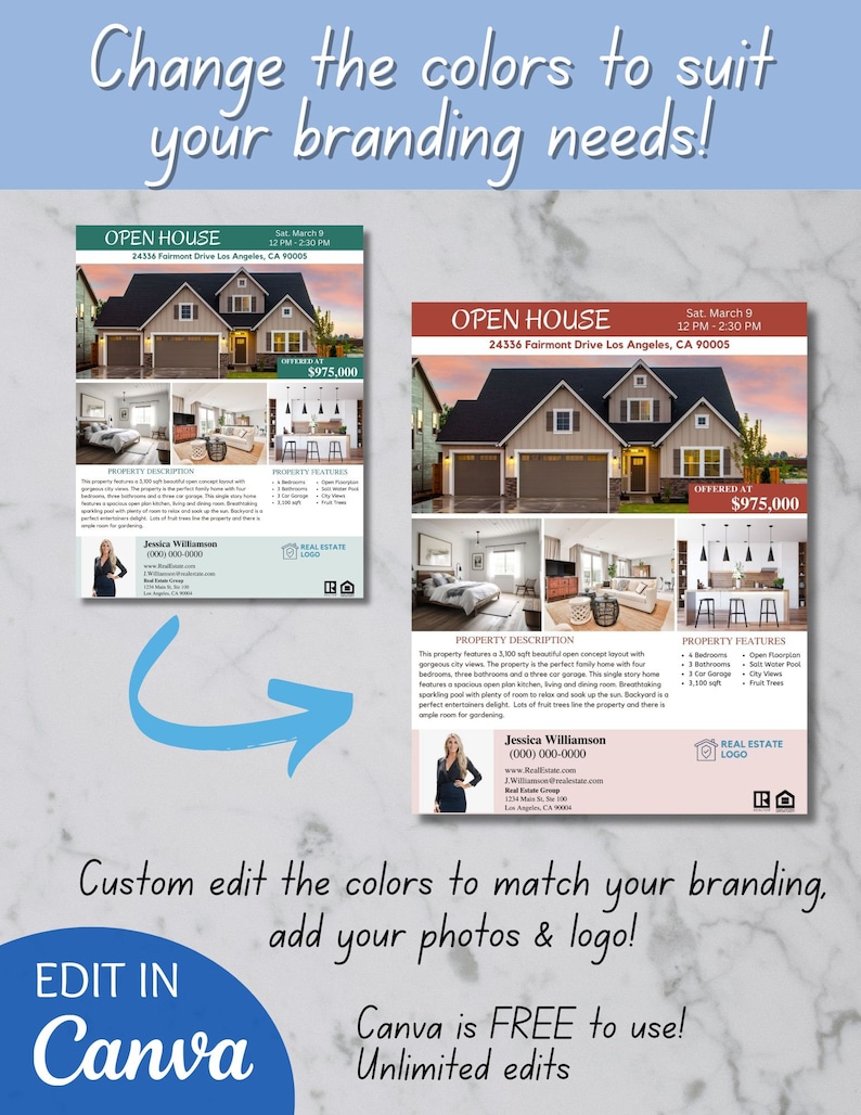 Real Estate Marketing Flyer Template - SET of 2 Printable, Editable ...