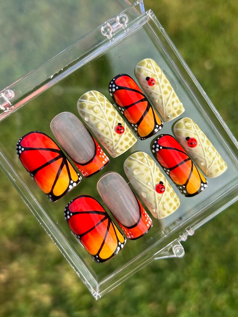 Custom Reusable Press on Nails Monarch Butterfly Wings & Ladybug ...
