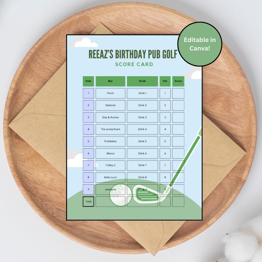 Pub Golf Scorecard - Instant Editable Download Drinking Game Scorecard ...