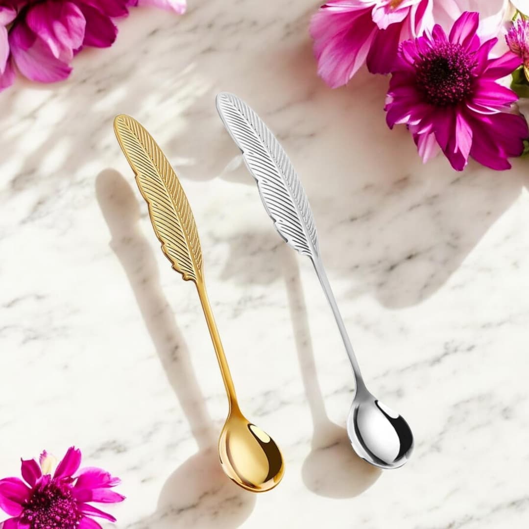 Feather Teaspoon: Elegant Stainless Steel Tea Spoon - Gold or Silver - Etsy