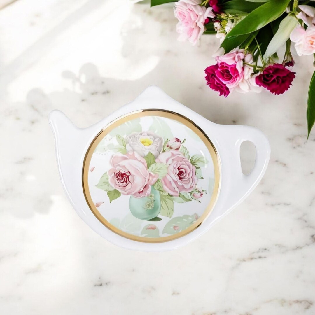 Golden Bloom Floral Tea Bag Rest – Bone China Porcelain Tea Spoon Rest ...