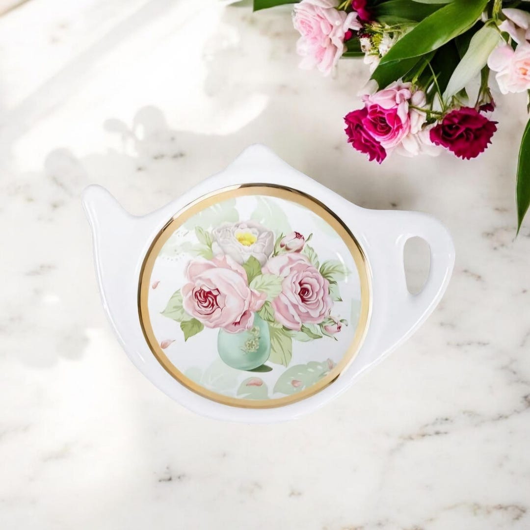 Ceramic Tea Bag and Spoon Rest: Floral Gold Trim Tea Sachet Holder - Etsy
