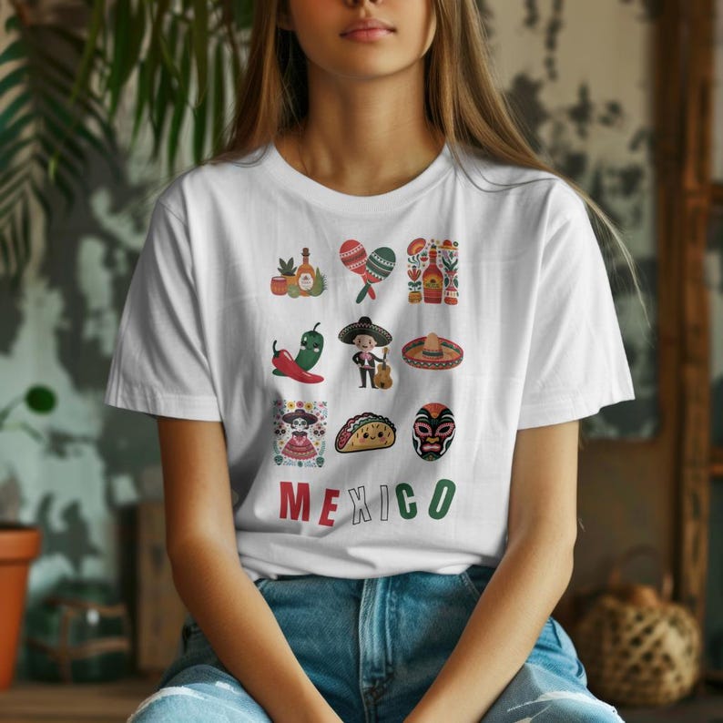 Mexico Cute Fun Traditional Icons Souvenir T-shirt PNG, Mexican Pride ...