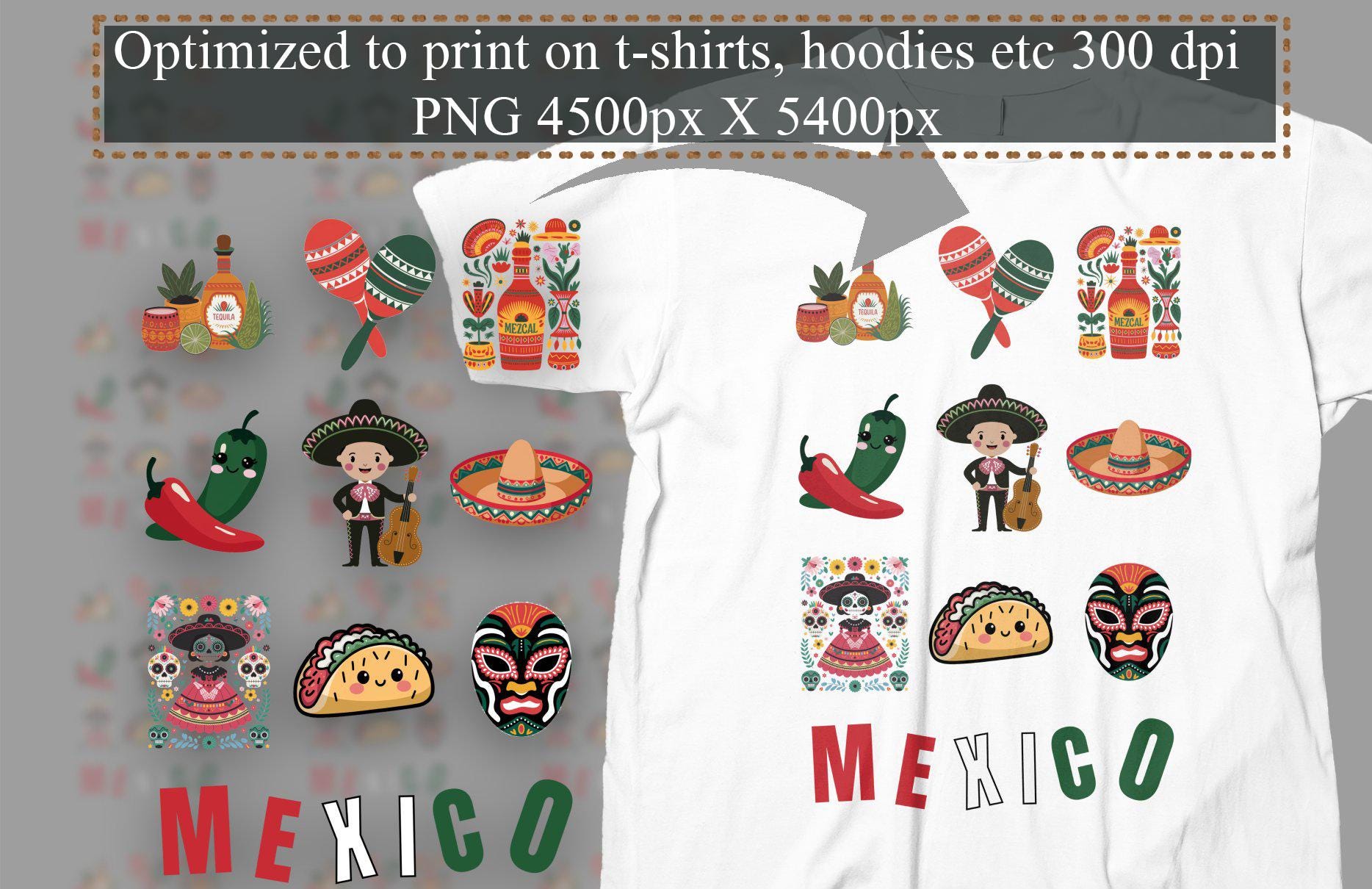 Mexico Cute Fun Traditional Icons Souvenir T-shirt PNG, Mexican Pride ...