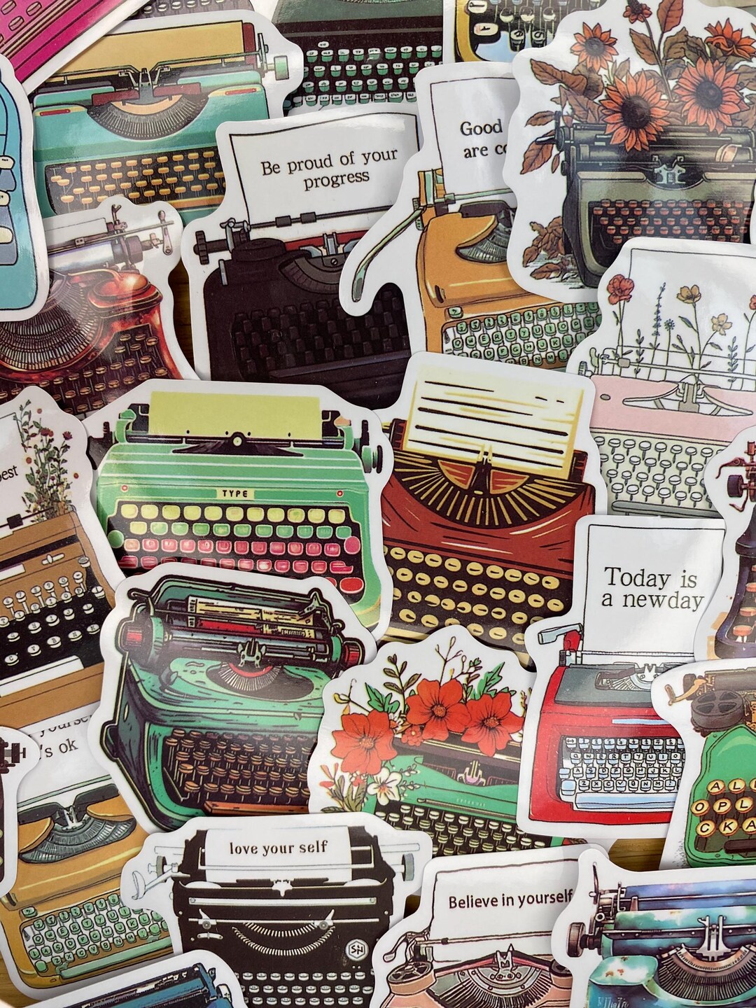 50 PCS Retro Typewriter Stickers, Flower Stickers, Motivational ...