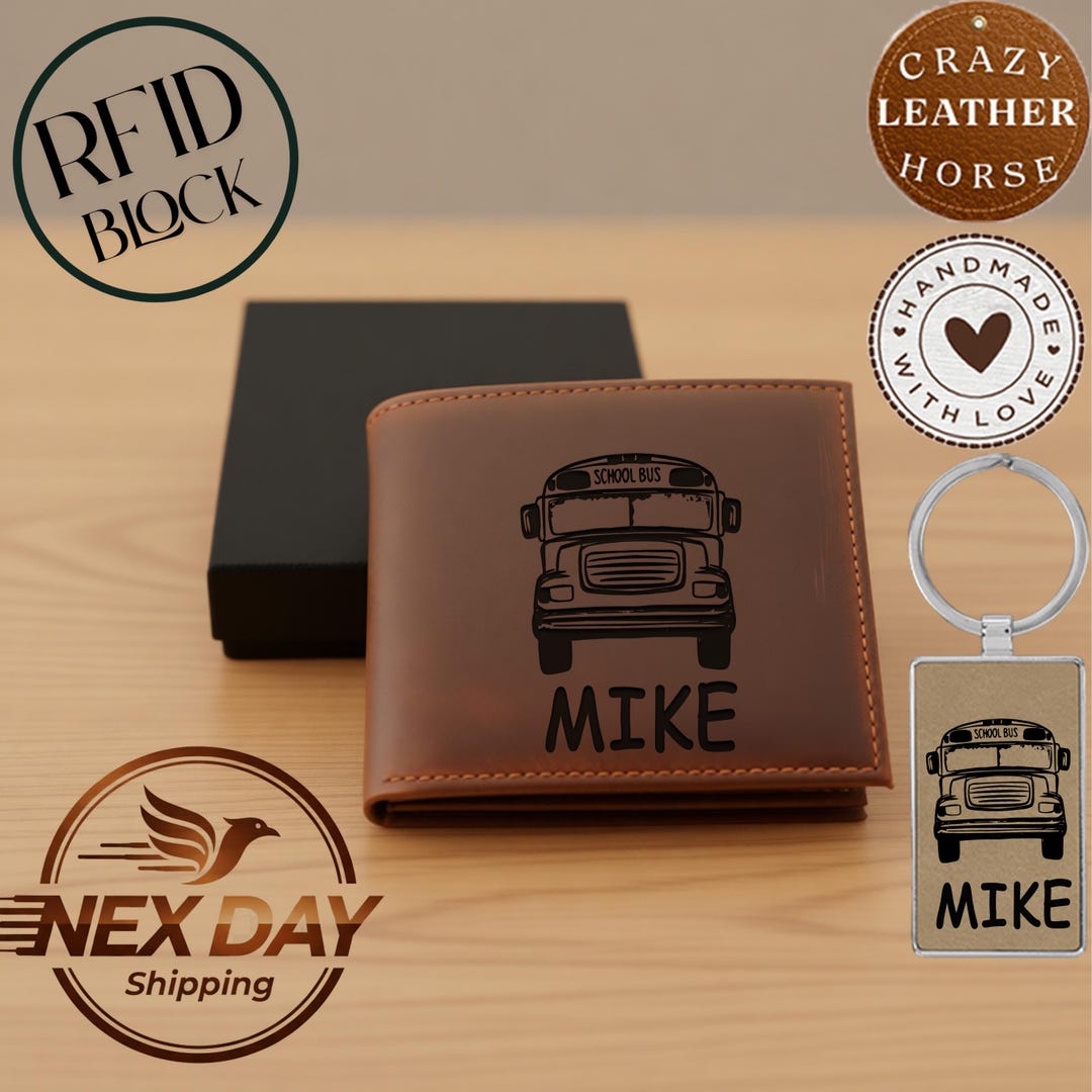 Personalized School Bus Driver Wallet, Custom Engraved Leather Trucker ...