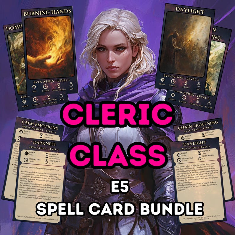 Dnd 5e Cleric Spell Cards Bundle Illustrated & Printable Cantrips to Level 9 Dungeons and ...