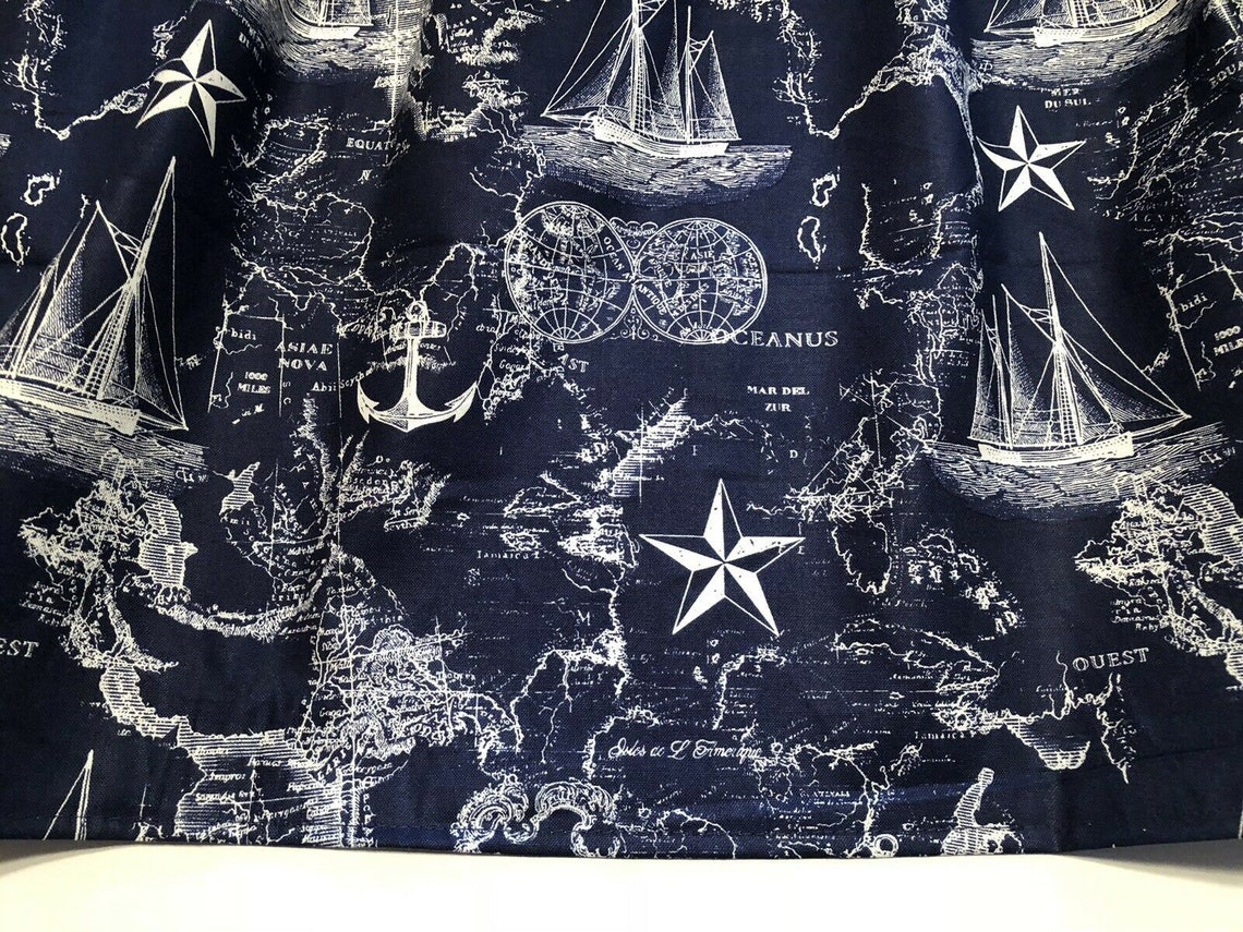 Navy Window Curtain Valance Map, Nautical 43"w X 14/15"l Free Ship On ...