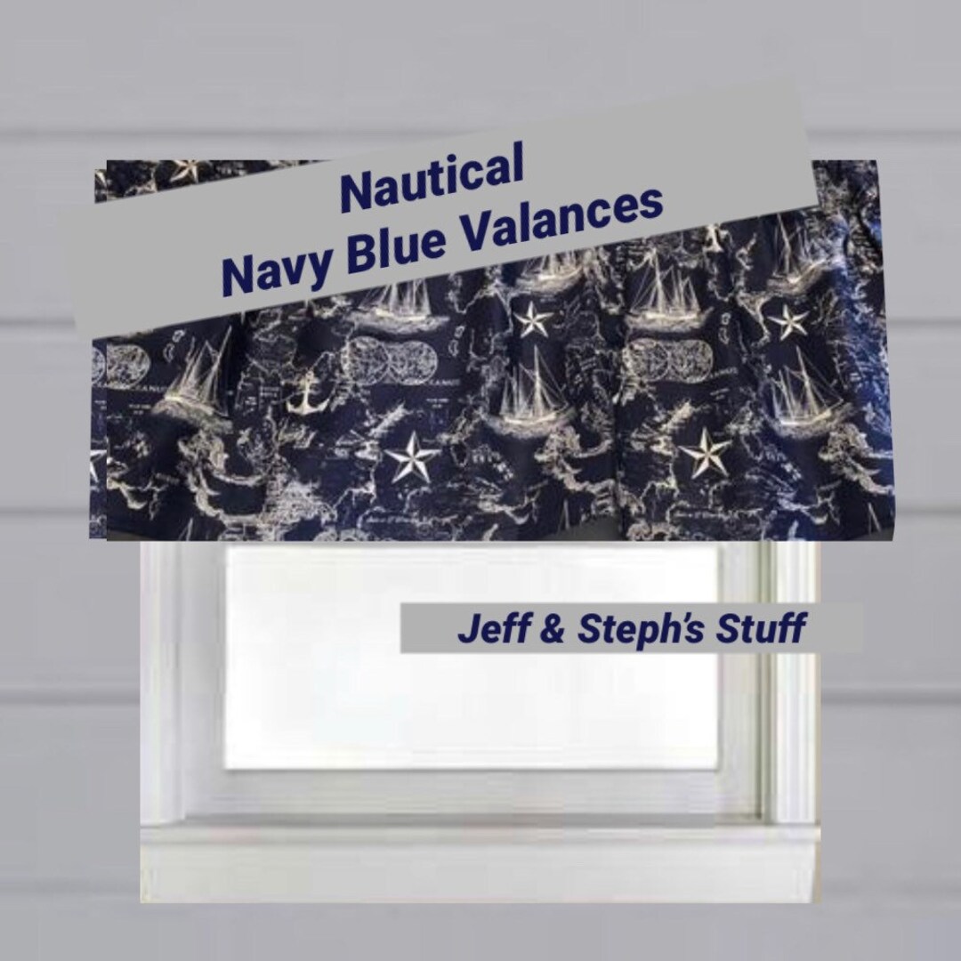 Nautical Navy Valance: Beach House Map Decor, Cotton Window Curtain (42 ...