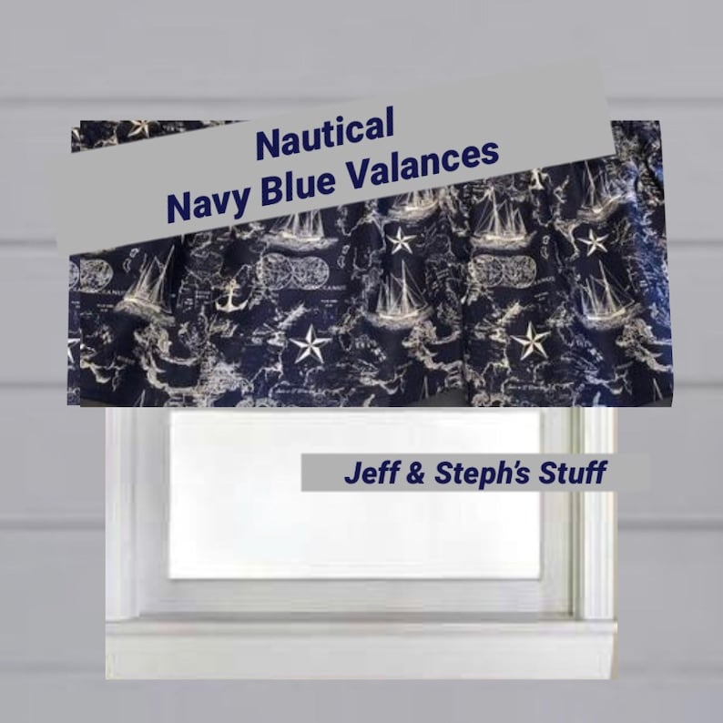 Nautical Navy Valance: Beach House Map Decor, Cotton Window Curtain (42 ...