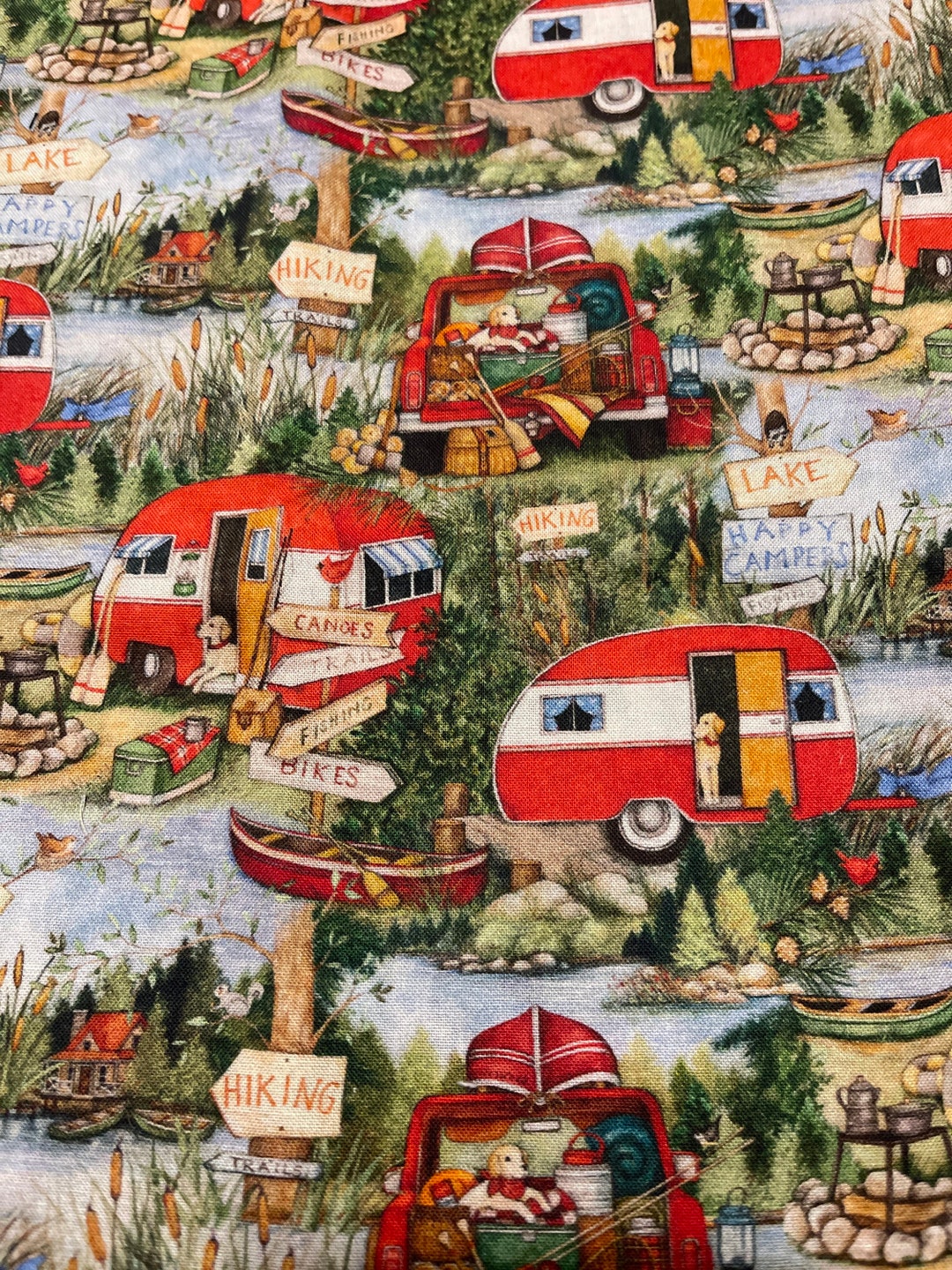 FQ, Little Red Camper, Camping, Lake, Cotton Fabric, Fat Quarter, 18x ...