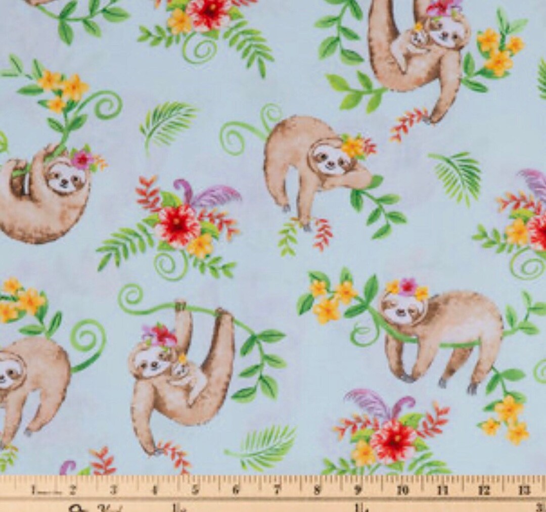 FQ, Sloths, Tropical, Flowers, Cotton Fabric, Fat Quarter, 18x 21 ...