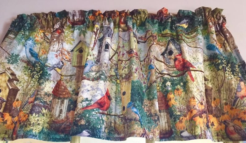 Country Garden Birds & Birdhouses Valance: Floral Cotton Curtain (42”W ...