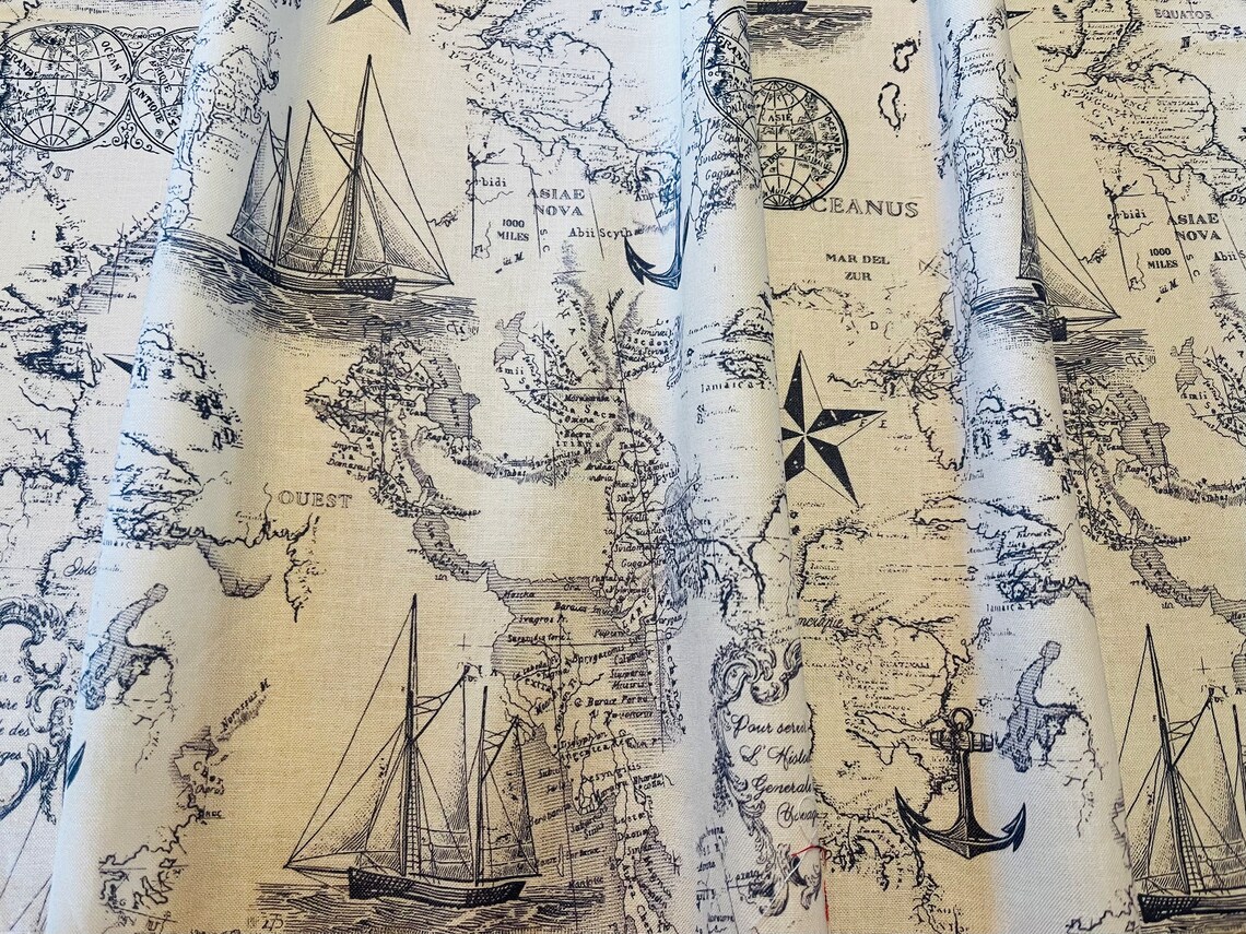 Nautical Map Valance: Ship Anchor Theme, White & Navy Blue Cotton - Etsy