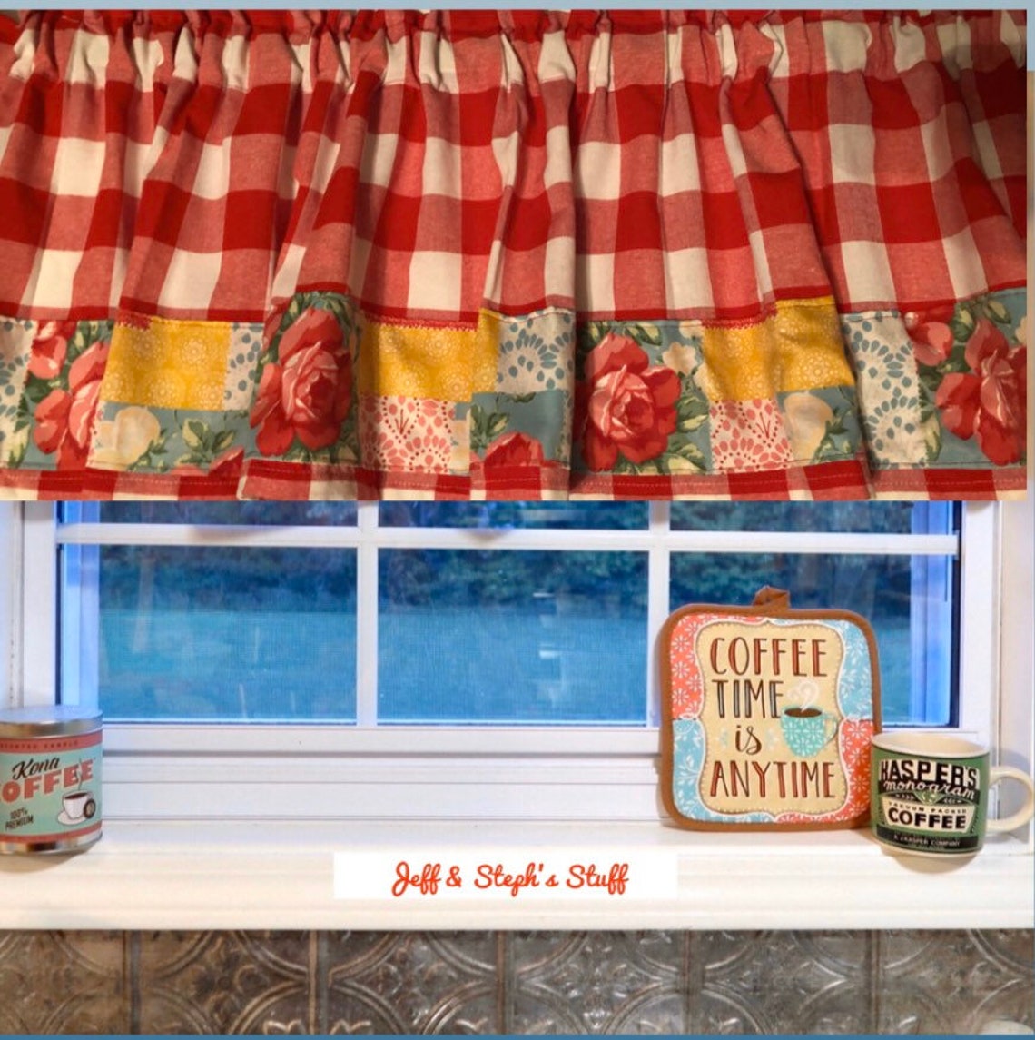 Red Buffalo Check Valance for Her Roses Topper Handmade - Etsy
