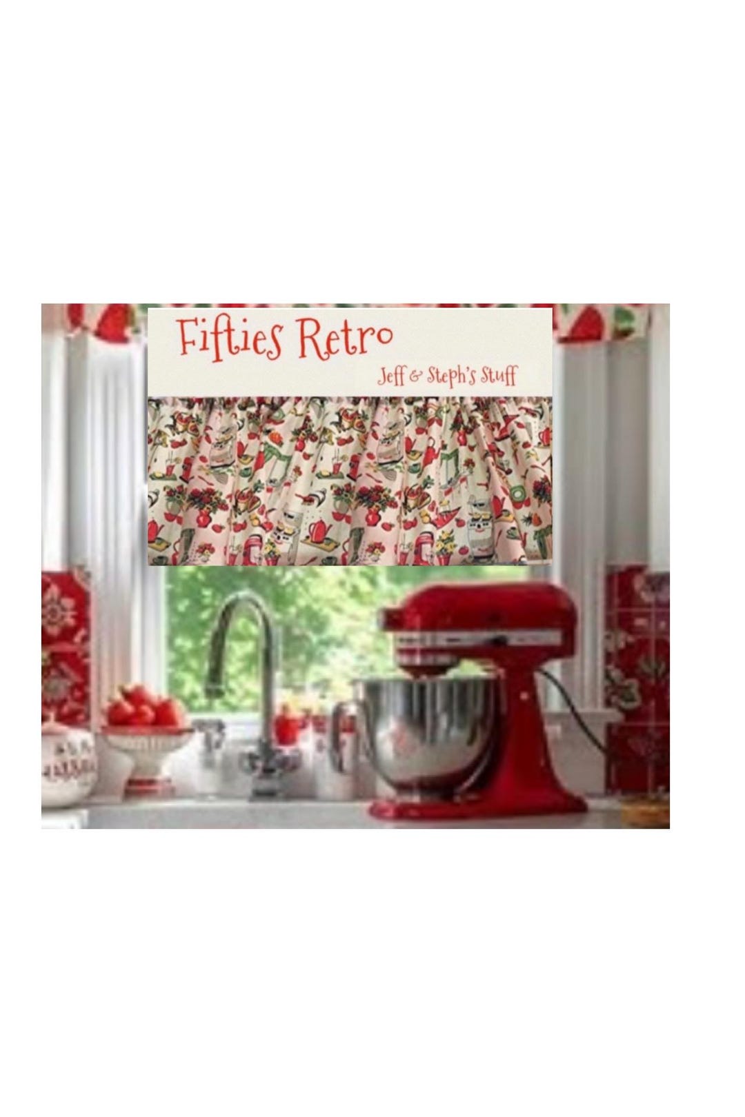 Handmade Retro Kitchen Curtain Valance: 50s Farmhouse Decor, 42"w X 14 ...