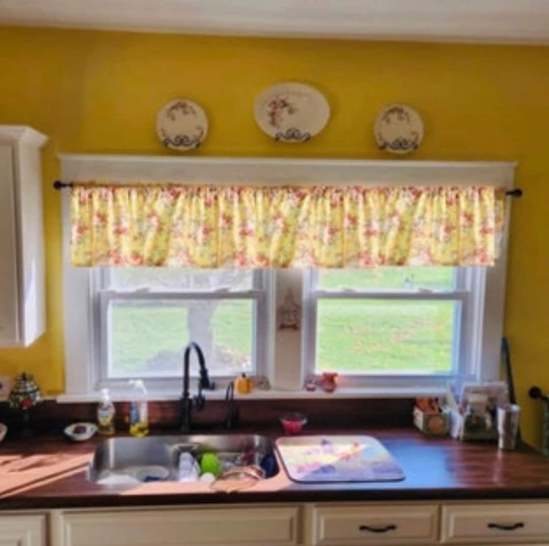 Cottage Roses Valance: Yellow Pink Floral Window Topper (43"w X 14"l ...