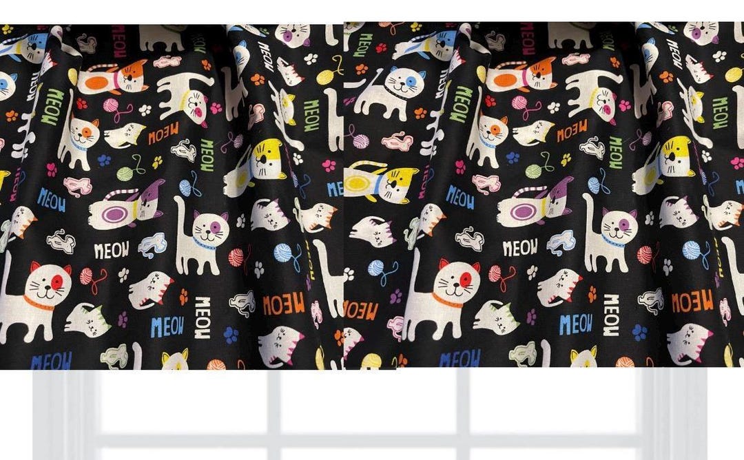 Black Meow Kitty Valance Kittens Cat Lover Style Window Curtain 43"w X ...