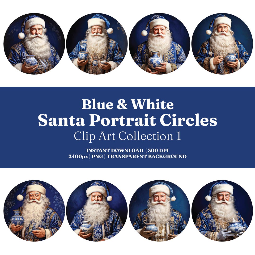 Blue & White Santa Portrait Circles Clip Art Collection 1 - Etsy
