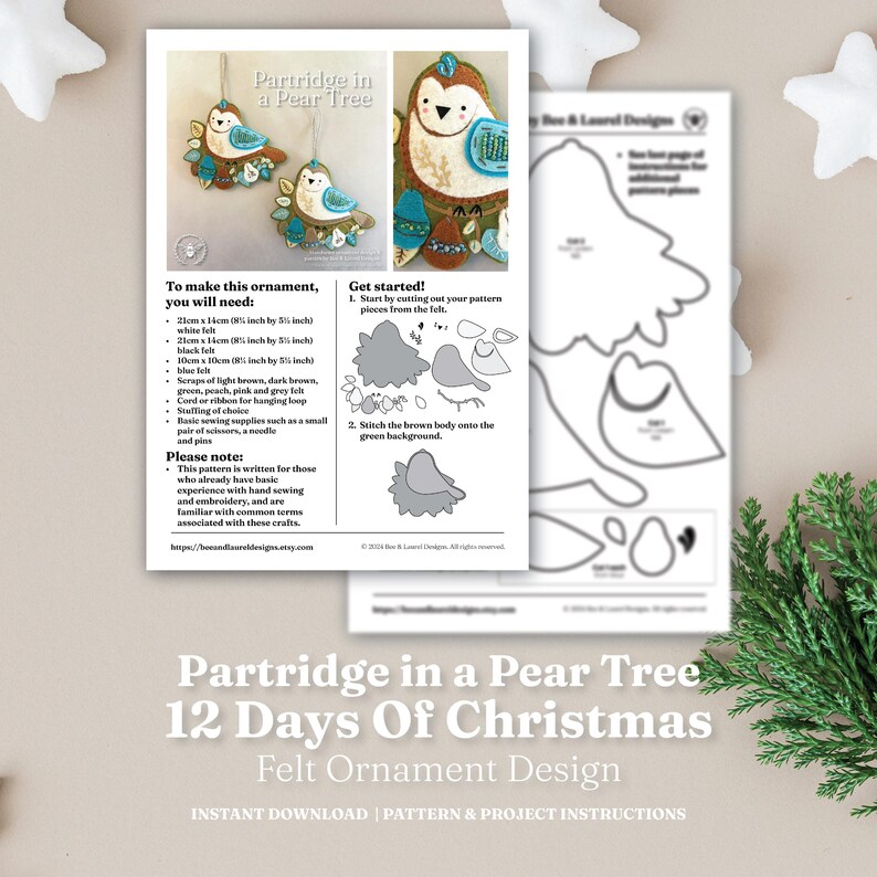12 Days of Christmas Felt Ornament Designs: Partridge in a Pear Tree - Etsy