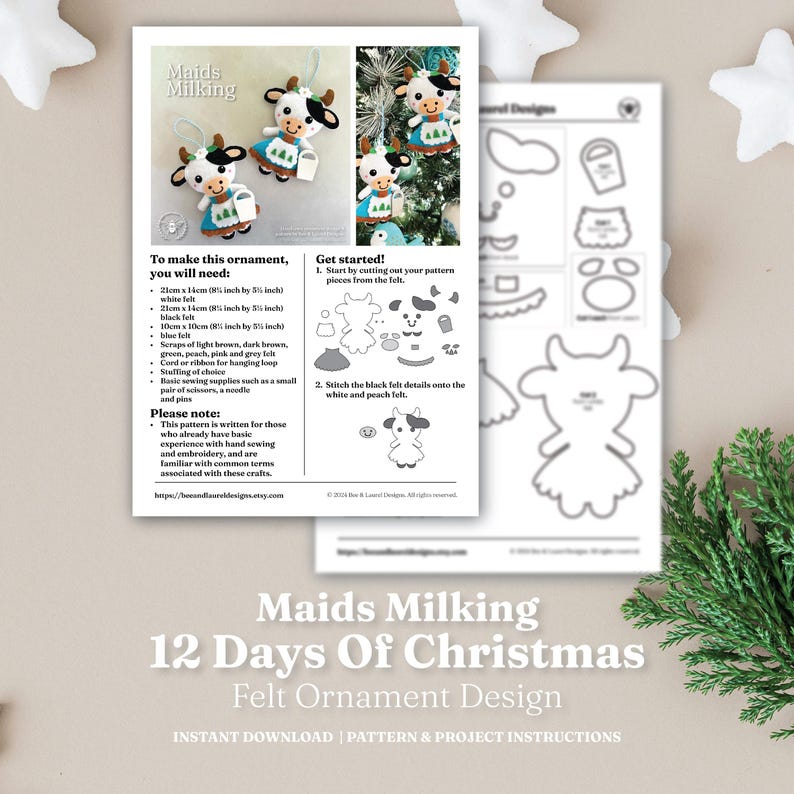 12 Days of Christmas Felt Ornament Designs: Maids Milking - Etsy