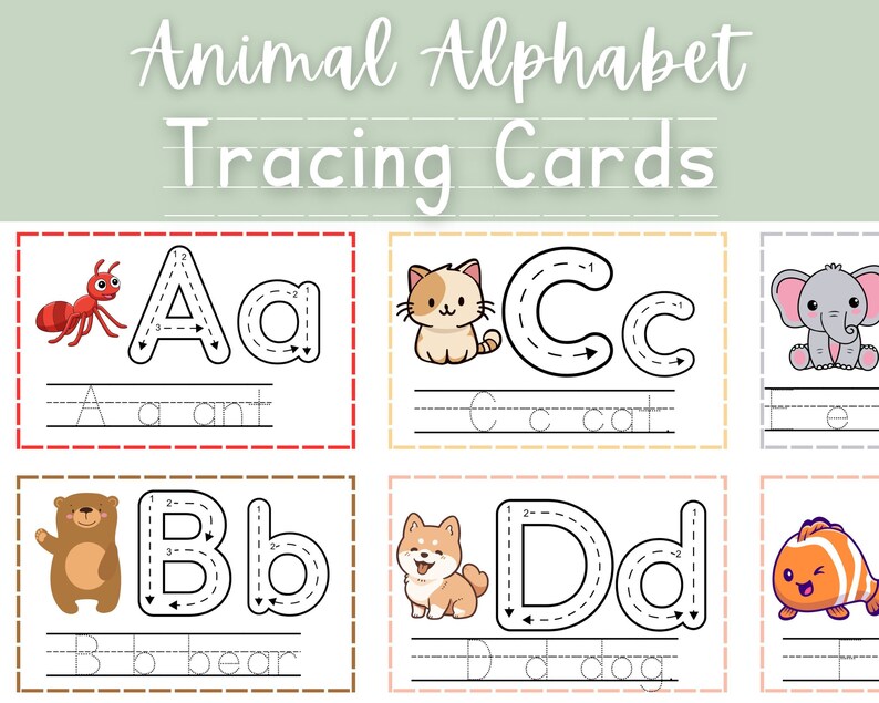 ABC Alphabet Tracing Cards, 26 Letters, Animal Themed, Preschool ...