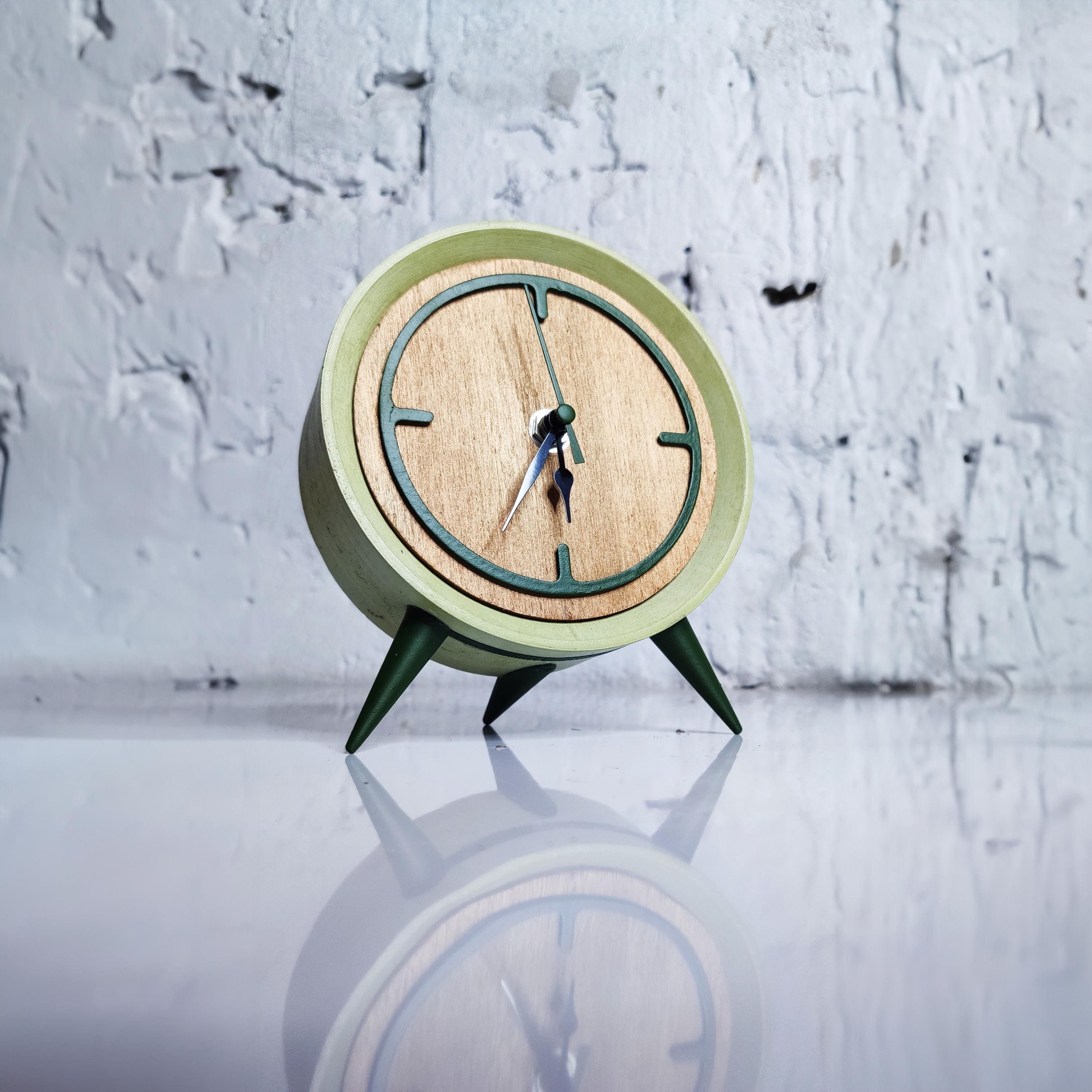 Retro Wood and Concrete Table Clock Minimalist Design, Green Accent ...