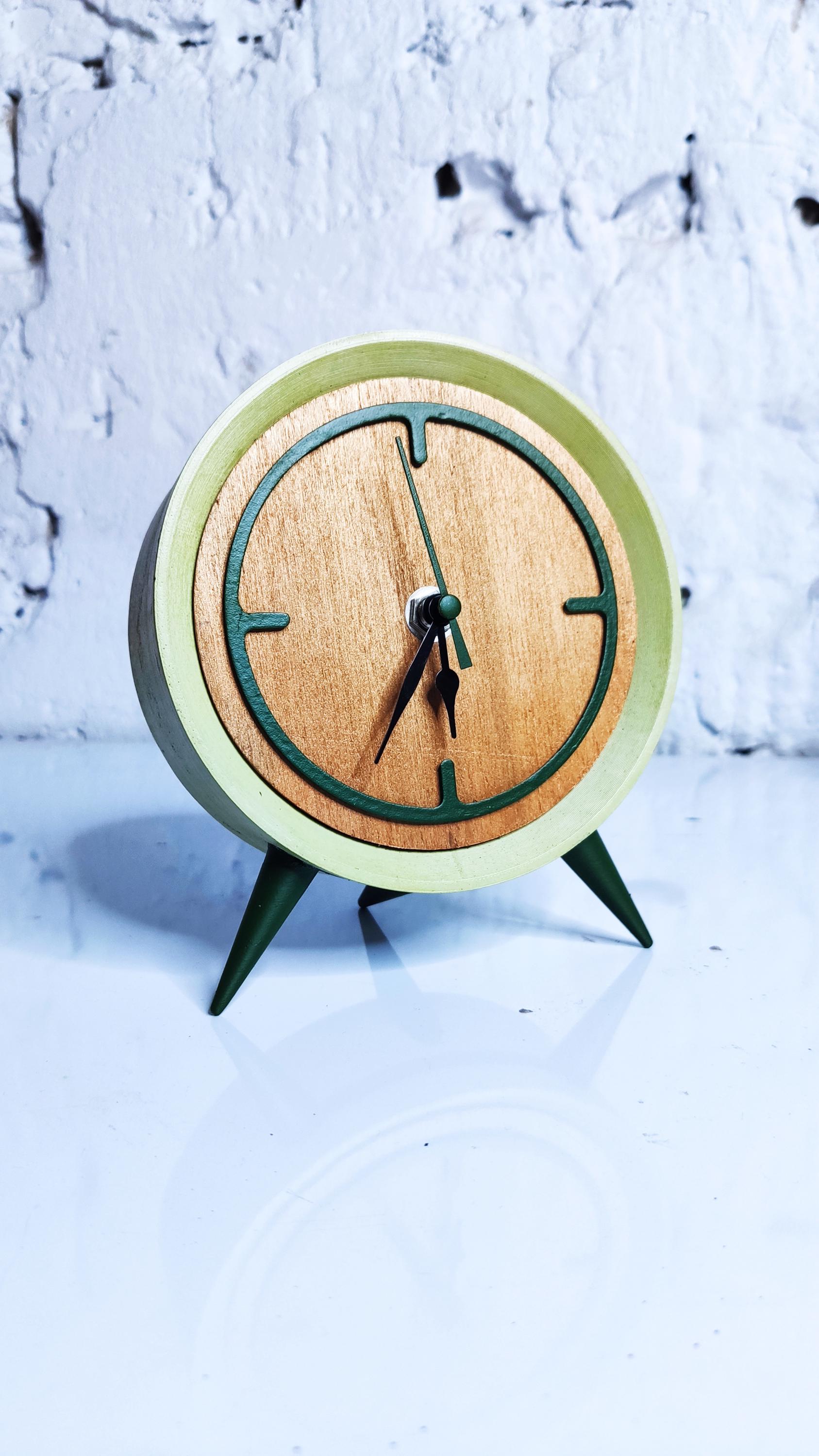 Retro Wood and Concrete Table Clock Minimalist Design, Green Accent ...