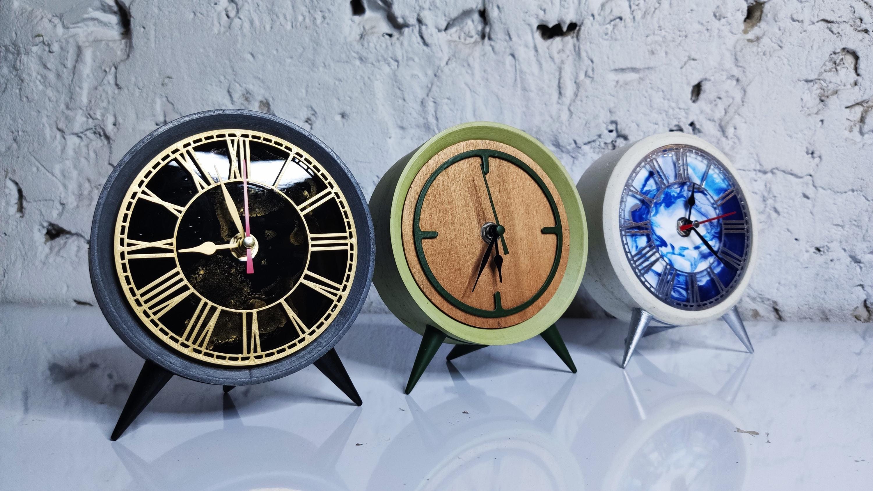 Retro Wood and Concrete Table Clock Minimalist Design, Green Accent ...