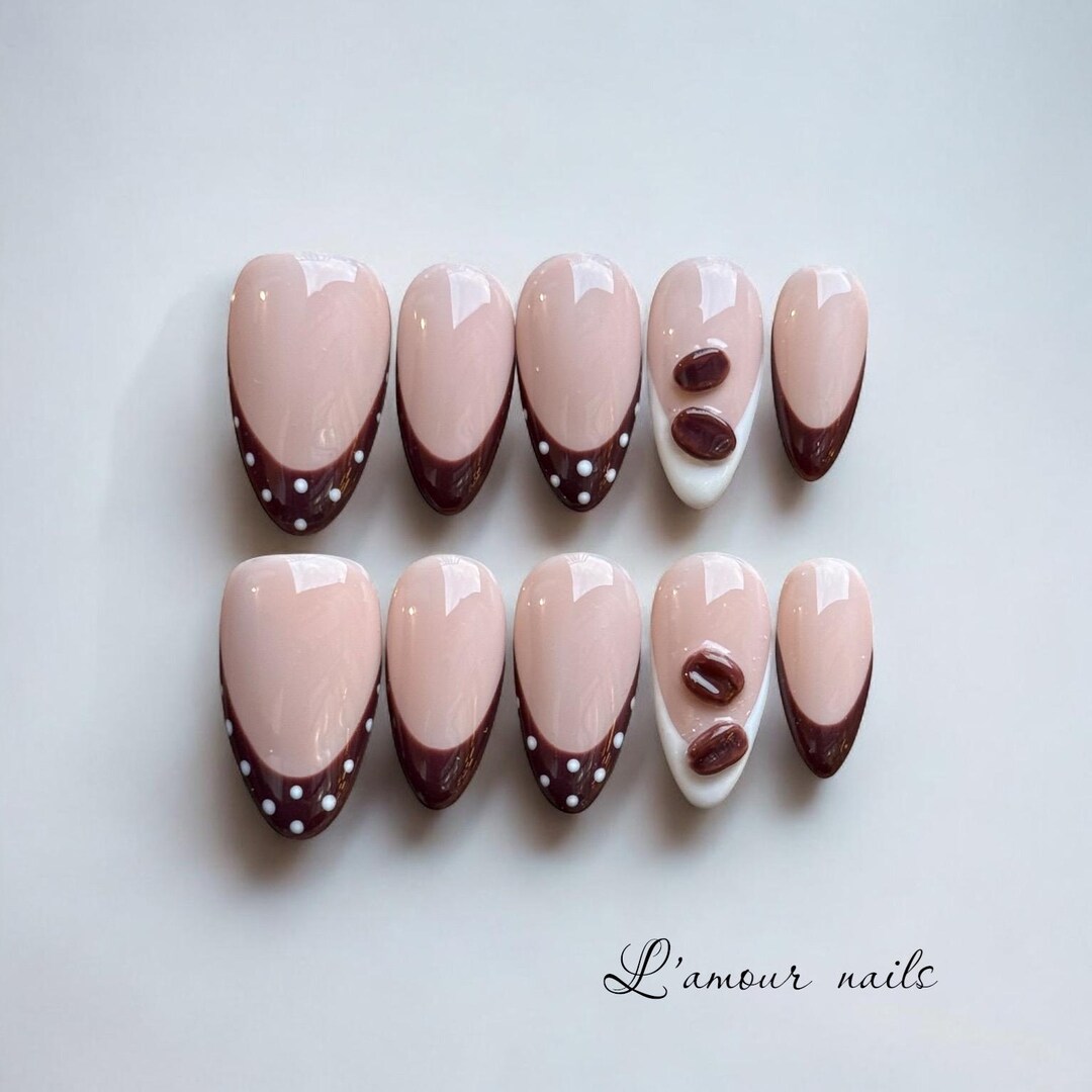 Coffee Bean French Tip Press on Nails | Handmade Reusable Fall Nail Set ...