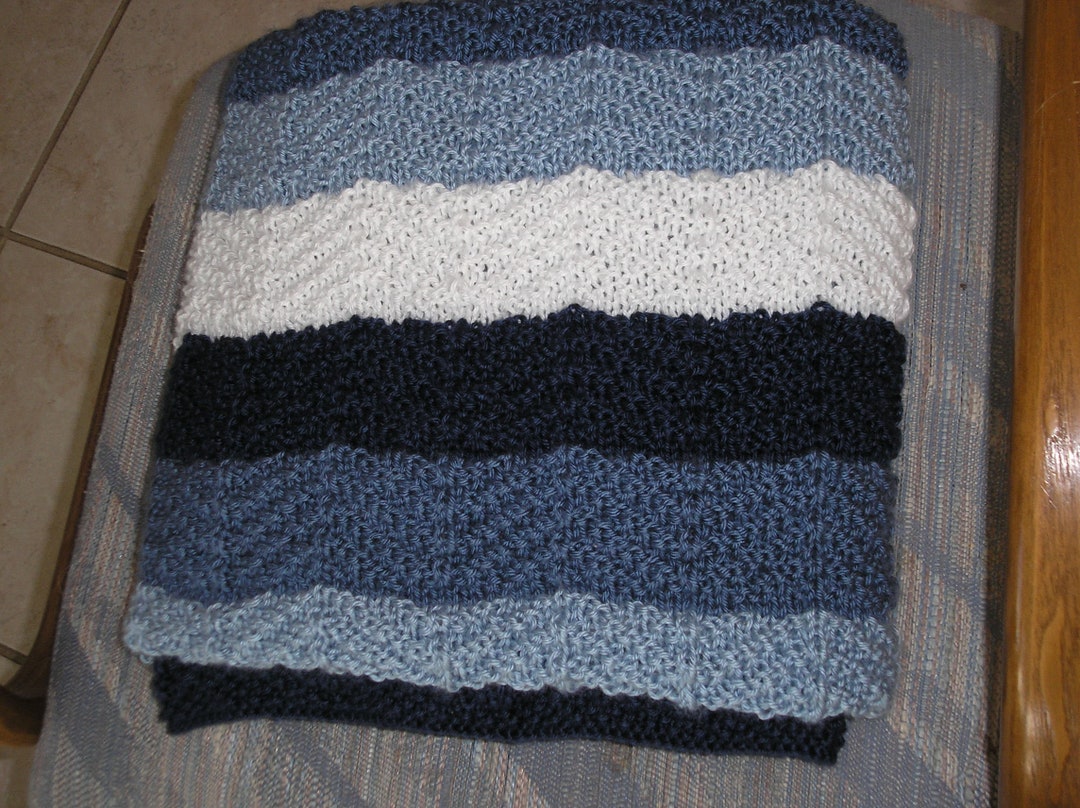 Knitted Afghan in Three Blues and White - Etsy