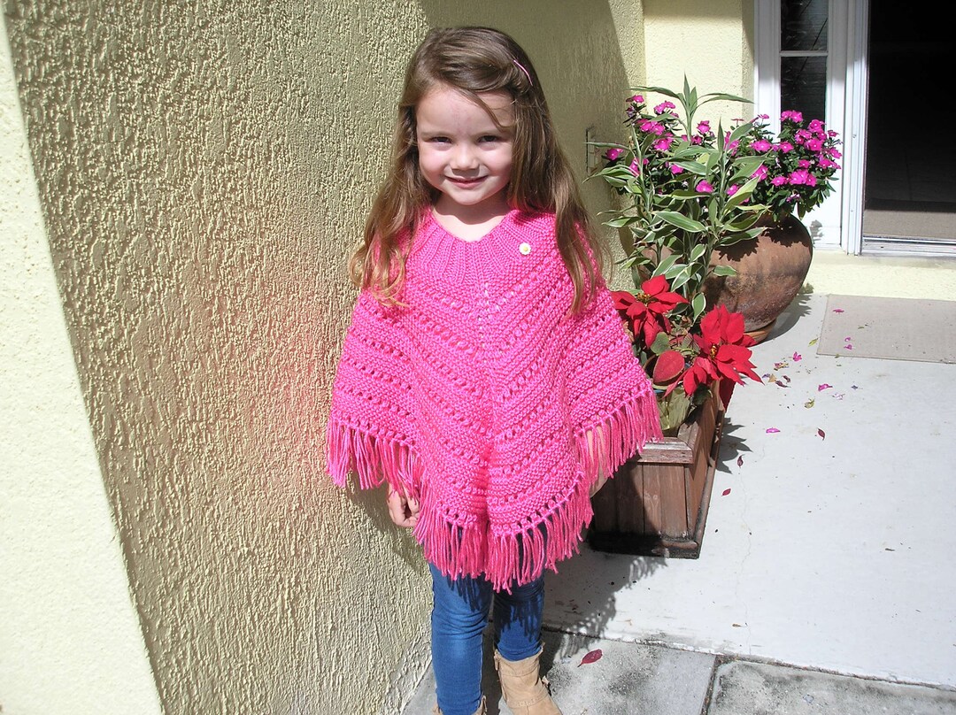 Knitted Poncho, Girls Medium - Bright Pink - Etsy