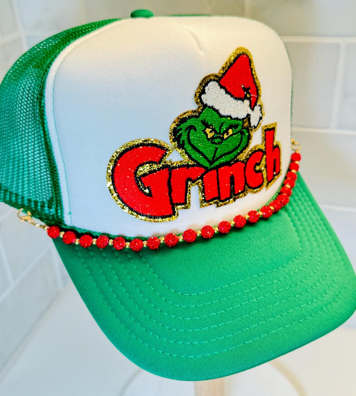Green Grinch Trucker Hat With Red Beaded Hat Chain - Etsy