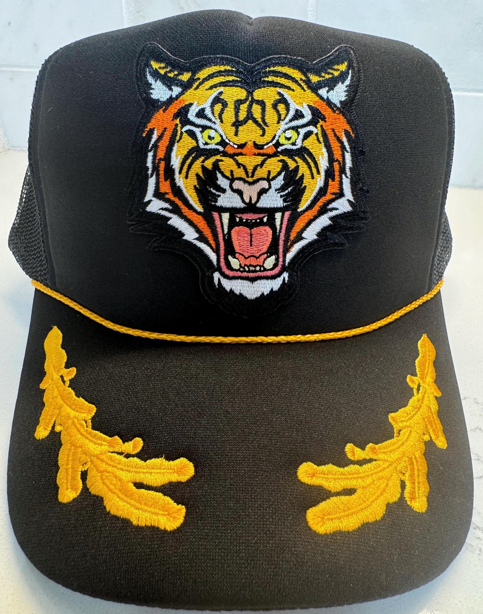 Black With Gold Embellishments Trucker “roaring Tiger” Patch Hat. - Etsy