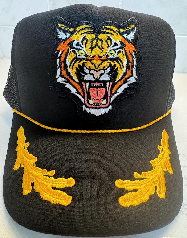 Black With Gold Embellishments Trucker “roaring Tiger” Patch Hat. - Etsy