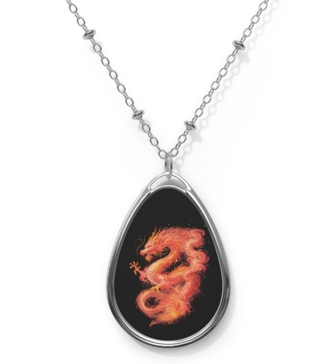 Flaming Dragon Oval Necklace | Fire Chinese Dragon Teardrop Pendant - Etsy
