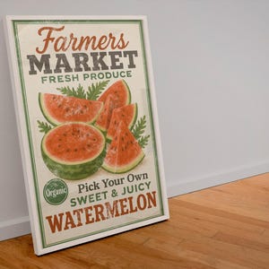 Vintage Watermelon Farmers Market Poster | Retro Fruit Wall Art ...