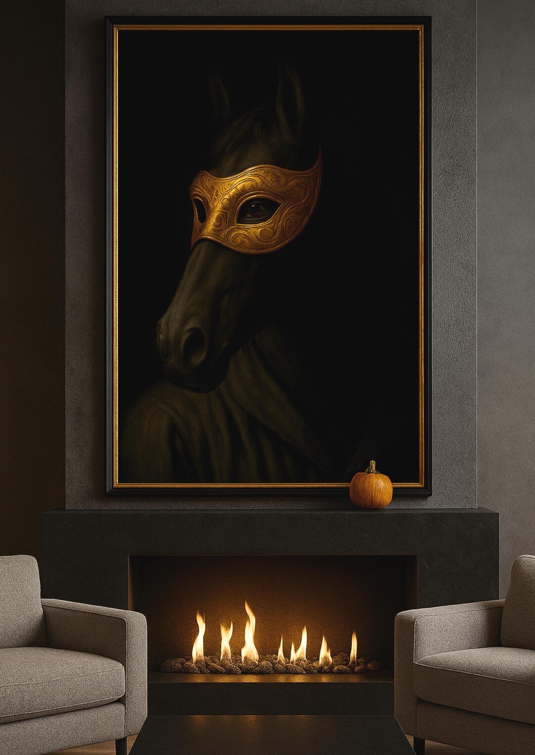 Golden Mask Mustang Art: Gothic Horse Portrait, Halloween Decor ...