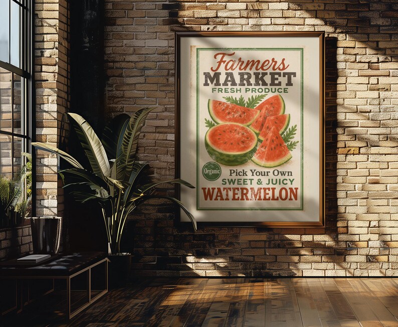 Vintage Watermelon Farmers Market Poster | Retro Fruit Wall Art ...