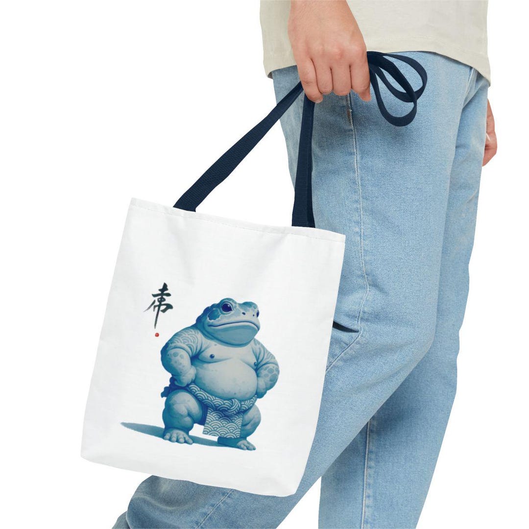 Stoic Blues Sumo Frog Tote Bag | Amphibian Illustration, Japanese Kanji ...