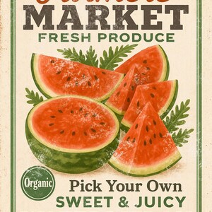 Vintage Watermelon Farmers Market Poster | Retro Fruit Wall Art ...