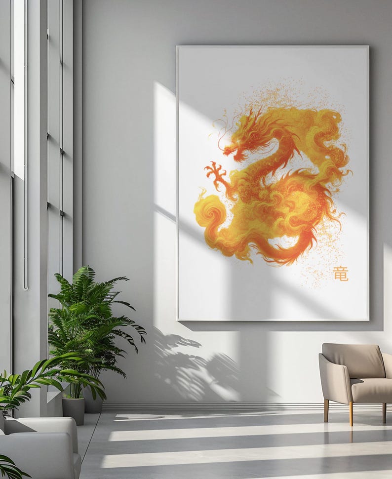 Golden Japanese Dragon Art Print: Mystical Ryū Wall Decor (digital ...
