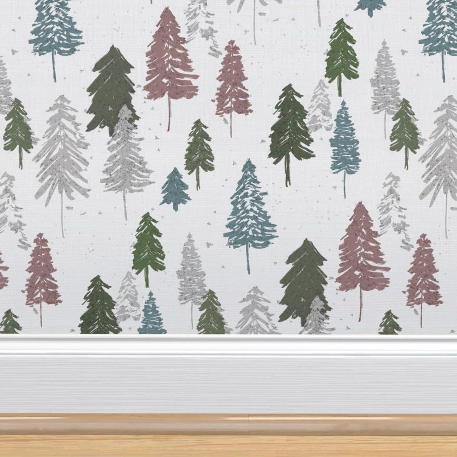 Textured Evergreen Trees Wallpaper, Hand Drawn Boho Holiday Decor Peel ...