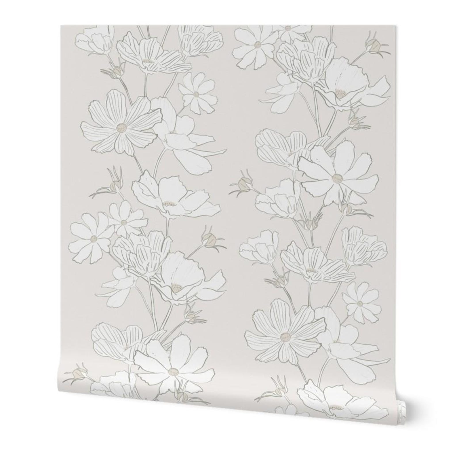 Trailing Cosmos Wallpaper, Light Beige Wallpaper, Warm Neutral Line Art ...