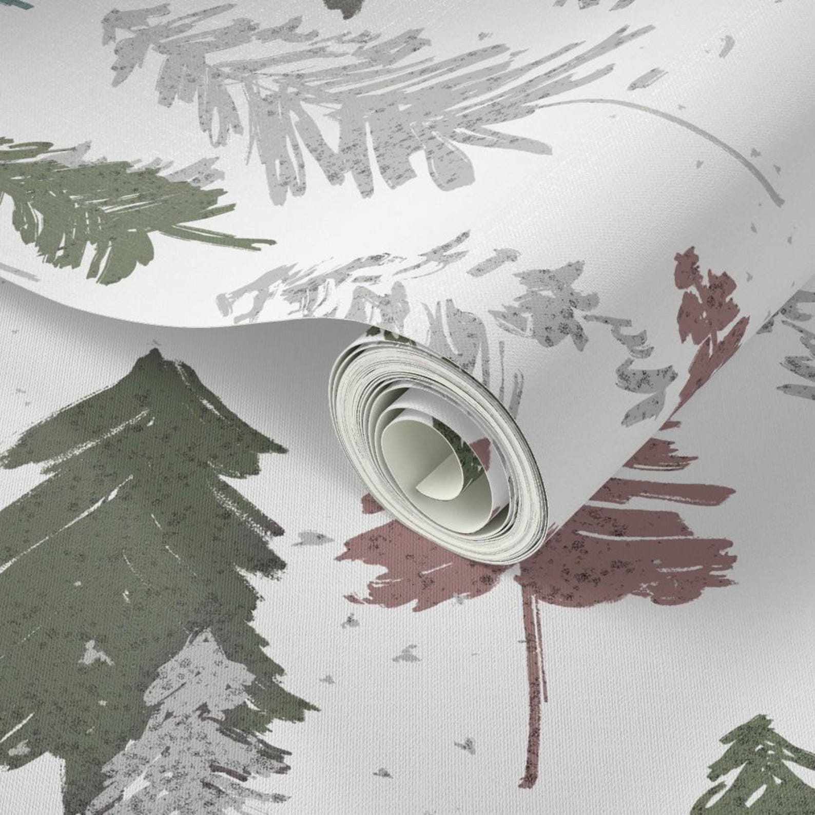 Textured Evergreen Trees Wallpaper, Hand Drawn Boho Holiday Decor Peel ...