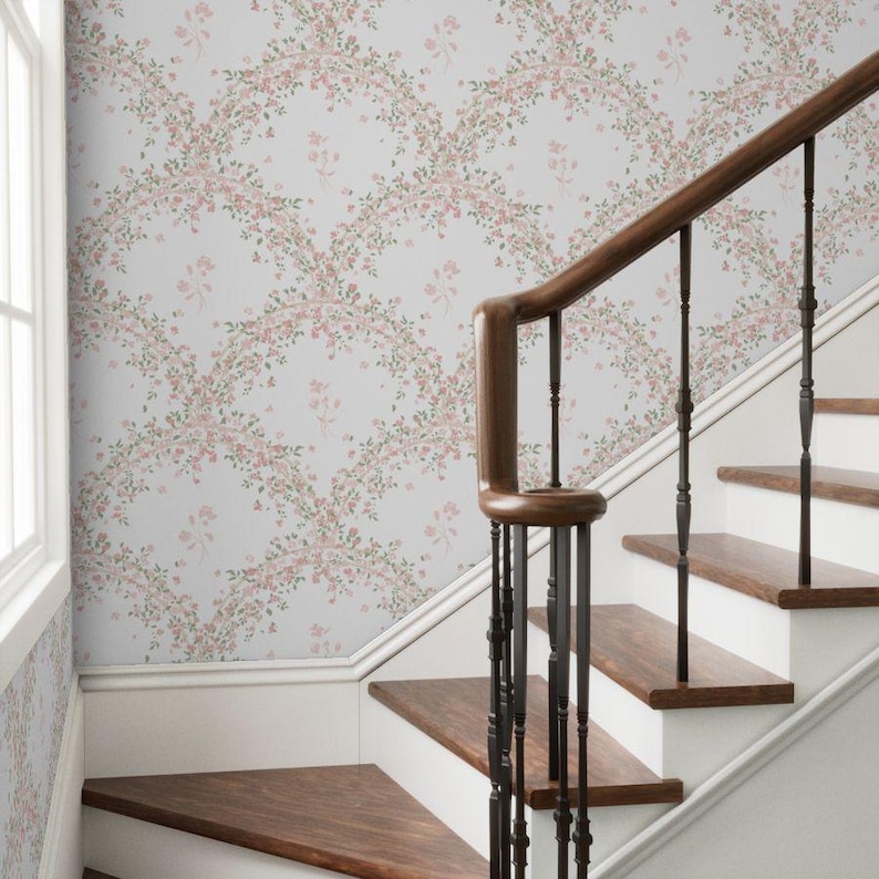 Rose Arbor Trellis Wallpaper: Scalloped Pink & Green Floral ...