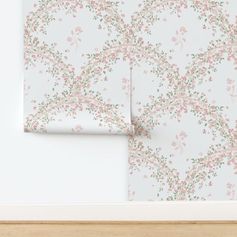 Rose Arbor Trellis Wallpaper: Scalloped Pink & Green Floral ...